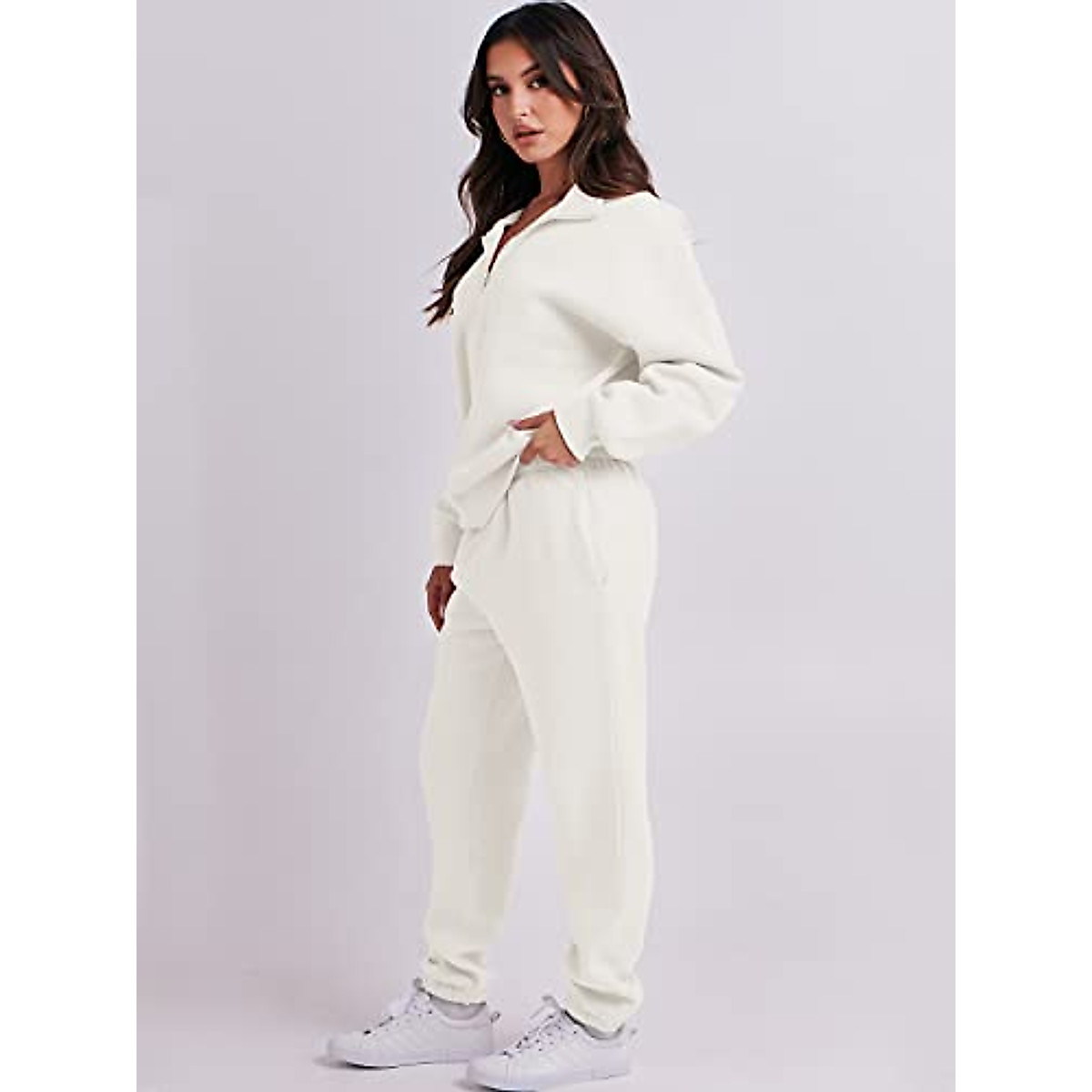 Prinbara Women's 2023 Fall Fashion Outfits 2 Piece Sweatsuit Solid Color Long Sleeve Pullover Long Pants Tracksuit 7PA76-baise-L