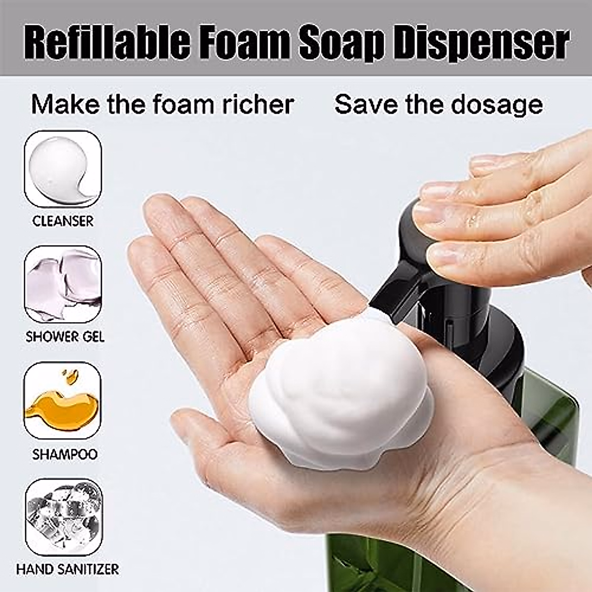 Foaming Soap Dispenser, Refillable Hand Soap Dispenser, Pump Bottle 450ml(16oz), Plastic for Liquid Soap, Shampoo, Body Wash, 2 Pcs (Green+Green)