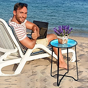 LIFFY Outdoor Side Table, 14" Weather Resistant Metal & Glass Patio Accent Side Table, Indoor Home Decorative End Table, Plant Stands Table Outside, for Yard Balcon Garden Bedside (Blue Jellyfish)