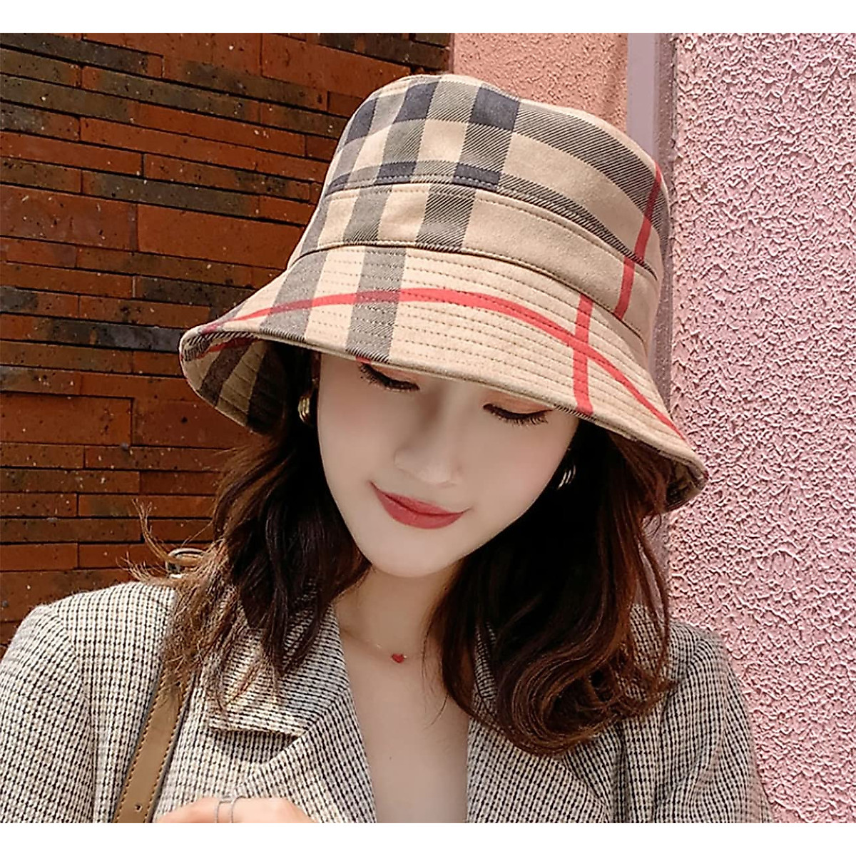 RUINUO Plaid Bucket Hat Women Soft Sun Hat for Spring Summer Autumn Winter Travel Velvet Tartan Packable Bucket Hats Kaki