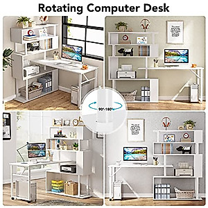 Tribesigns Rotating Computer Desk with 5 Shelves Bookshelf, Modern L-Shaped Corner Desk with Storage, Reversible Office Desk Study Table Writing Desk on Wheels for Home Office (White)
