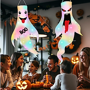 2Pcs 47" Halloween Ghost Windsocks Decorations with LED Light Outdoor Halloween Decorations Hanging Ghost Windsocks Décor for Halloween