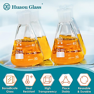 HUAOU Scientific 150ml Erlenmeyer Conical Flasks Set with Ground Glass Stoppers, Graduated 3.3 Borosilicate Glass, Pack of 3