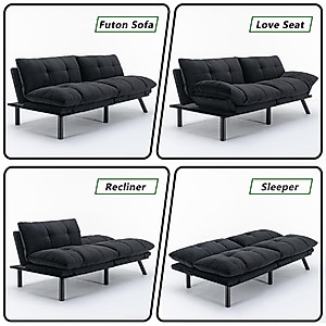 71" Velvet Futon Couch Bed with Mattress Included,Convertible Folding Sleeper Sofa Bed with Adjustable Backrests,Modern Loveseat Sleeper for Living Room Bedroom Small Space Home Office (Black-1)