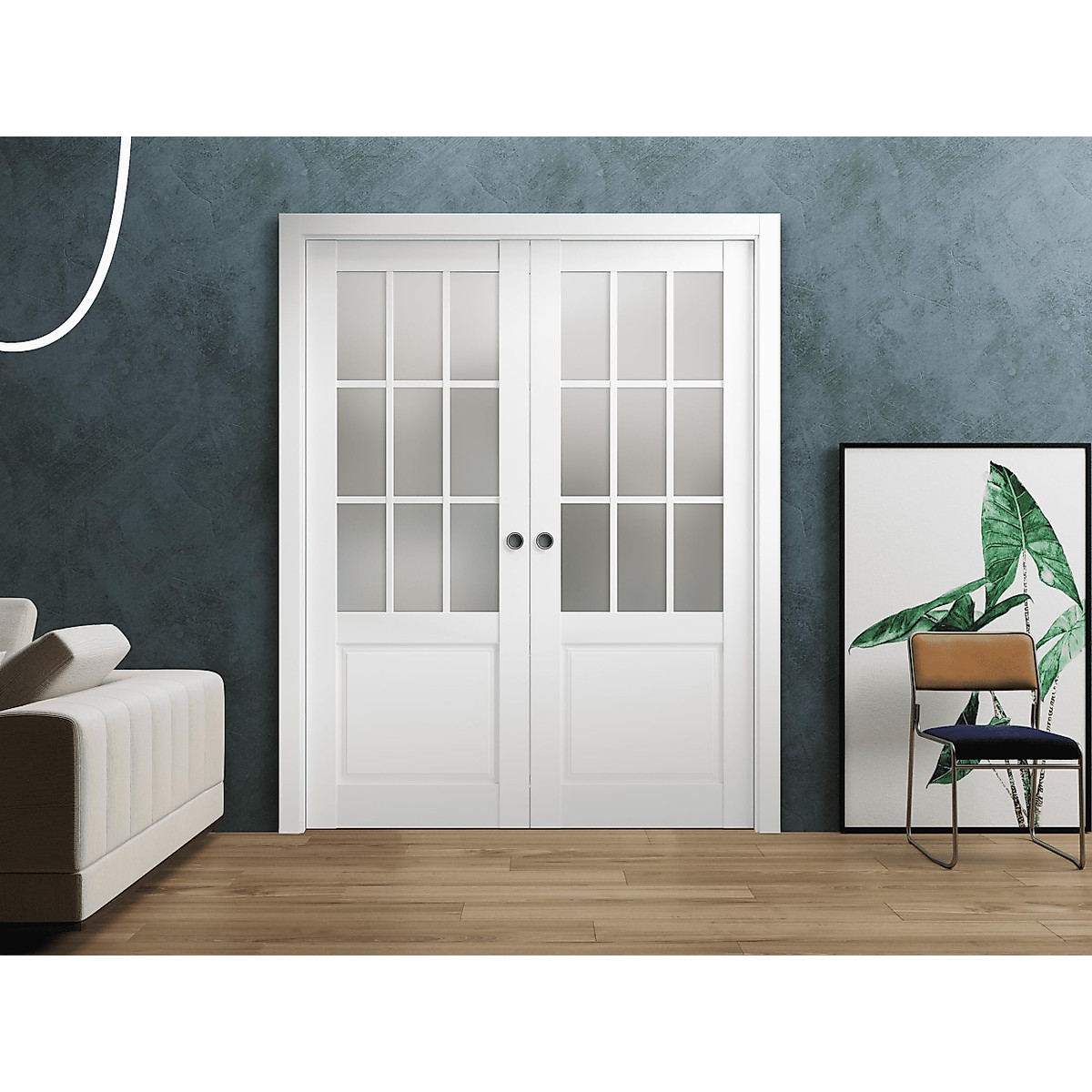 SARTODOORS Sliding French Double Pocket Doors 72 x 96 inches Frosted Glass 9 Lites| Felicia 3309 Matte White | Kit Trims Rail Hardware | Solid Wood Interior Bedroom Sturdy Doors