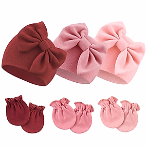 BQUBO Newborn Baby Girls Hats Mittens Set Hospital Hat Beanie Infant Bow Hats Baby Cotton No Scratch Gloves for 0-6 Months