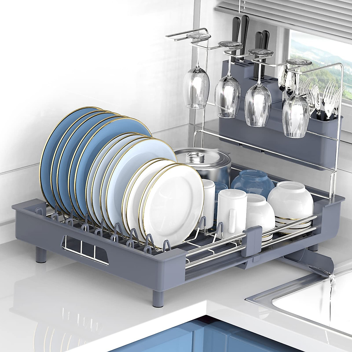 ROTTOGOON Dish Drying Rack, Stainless Steel Large Dish Rack, Expandable (12.8"-19.1") Dish Drainer with Swivel Spout, Utensil Holder, Cup Holder and Wine Glass Holder for Kitchen Counter Cabinet, Gray