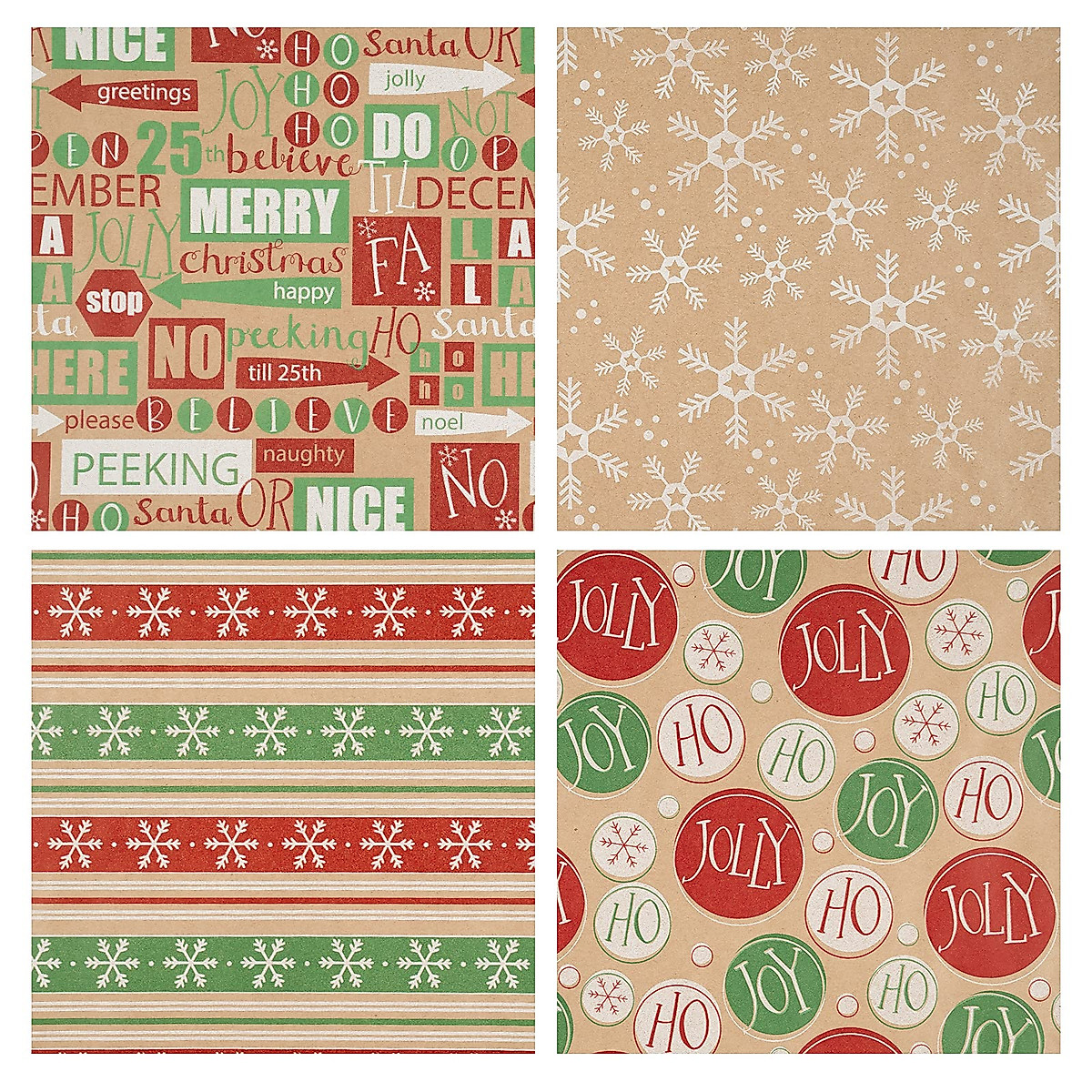 RUSPEPA Christmas Wrapping Paper, Kraft Paper - Snowflakes, Red and Green Stripe and Christmas Greetings - 4 Rolls - 30 inches x 10 feet per Roll