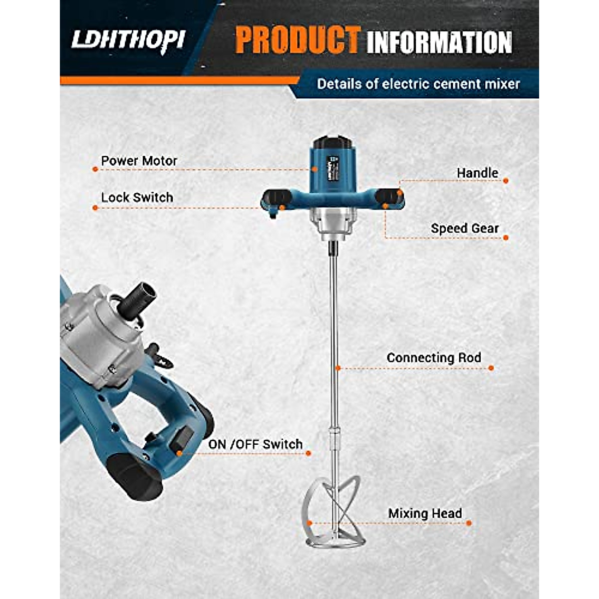 LDHTHOPI Cement Mixer, 2300W Electric Paint Mixer, Portable Mortar Mixer with 6 Adjustable Speed, 110V Handheld Mud Mixer for Mixing Mud, Cement, Mortar, Paint, Fodder