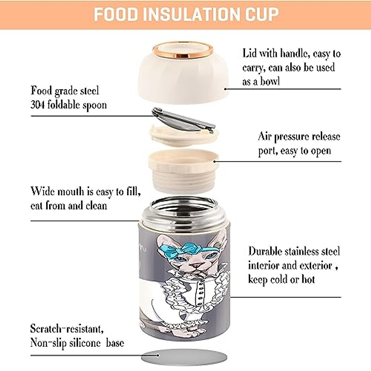 CUPADA Fashion Sphynx Cat Food Jar, Funny Kitty Insulated Hot Food Jars Vacuum 17OZ with Folding Spoon for Work Trip Picnic Camping