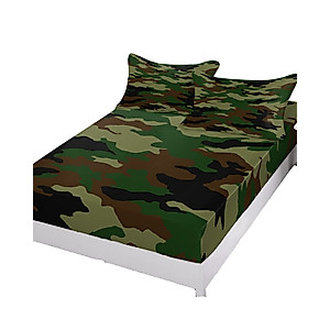 Military Camouflage Forest Camo Fitted Sheet Set for King Size Bed 3 Pieces Bedding Sheets-Deep Pocket Bedsheet Fits Mattress Upto 16",2 Pillow Cases Bedroom Decor American Army