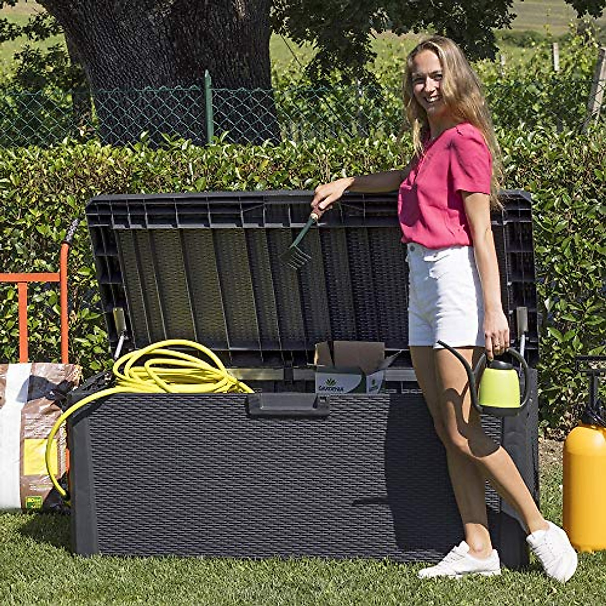 Toomax Z156RD97 Santorini Plus Lockable Deck Storage Box Bench for Cushioned Outdoor Pool Patio Garden Furniture & Indoor Toy Bin Container, 145 Gallon (Anthracite)