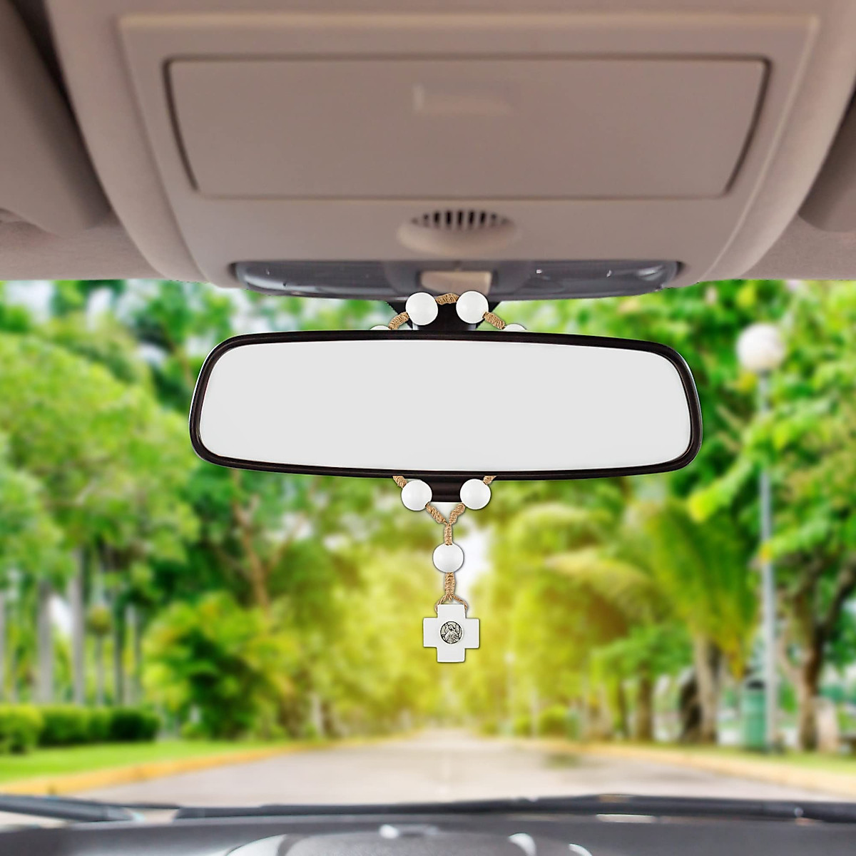 Guardian Angel Door Knob Rosary with Large White Beading, Religious Keepsake Prayer Beads, 12.5 inches