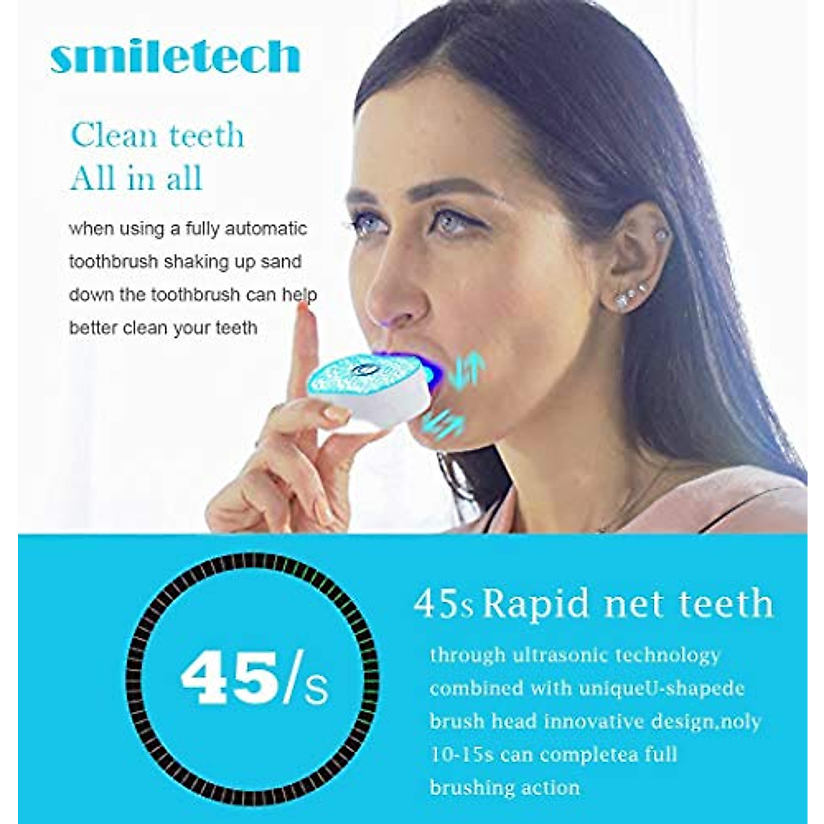 Smiletech Automatic Toothbrush,Sonic Toothbrush, with LED Blue Light 360° U-Shaped Full-Mouth Toothbrush Design, IPX7 Waterproof (White)