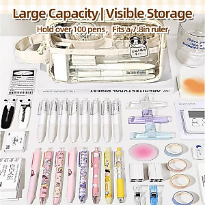 MILLEVIBE ITA Pencil Pouch, Large Capacity Office Pen Case with 5 Compartments & Clear Window & Handle, Portable Organizer Bag for Adults (Beige+4 Highlighters)