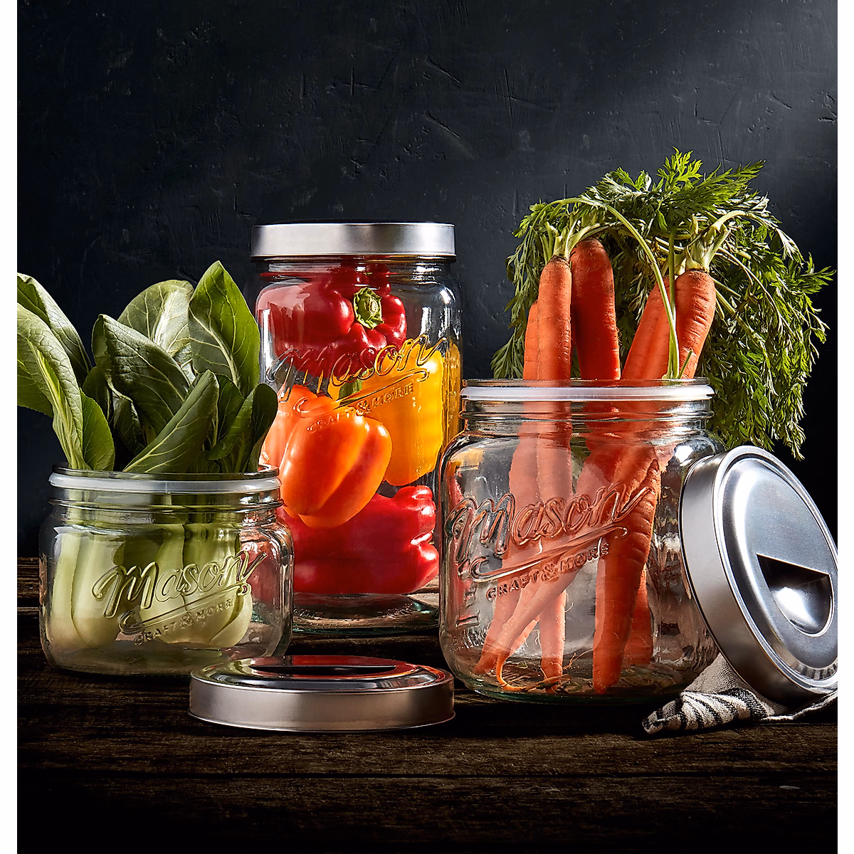 Mason Craft & More Airtight Kitchen Food Storage Clear Glass Pop Up Lid Canister, 3 Piece Pop Up Graduated Canister Set (1.6L, 2.75L, and 4.6L)