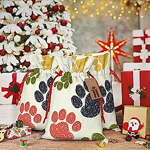Drawstrings Christmas Gift Bags Colorful-Doodle-Paw-Rainbow Presents Wrapping Bags Xmas Gift Wrapping Sacks Pouches Medium