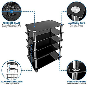 Mount-It! Tempered Glass AV Component Media Stand, Audio Tower and Media Center with 5 Shelves, 220 Lbs Total Capacity, Black Shelves Chrome Legs (MI-8671)