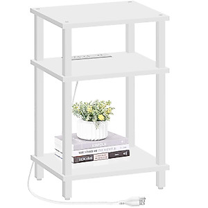 TUTOTAK End Table with Charging Station, Side Table with USB Ports and Outlets, Nightstand, 3-Tier Storage Shelf, Sofa Table for Small Space TB01BW042