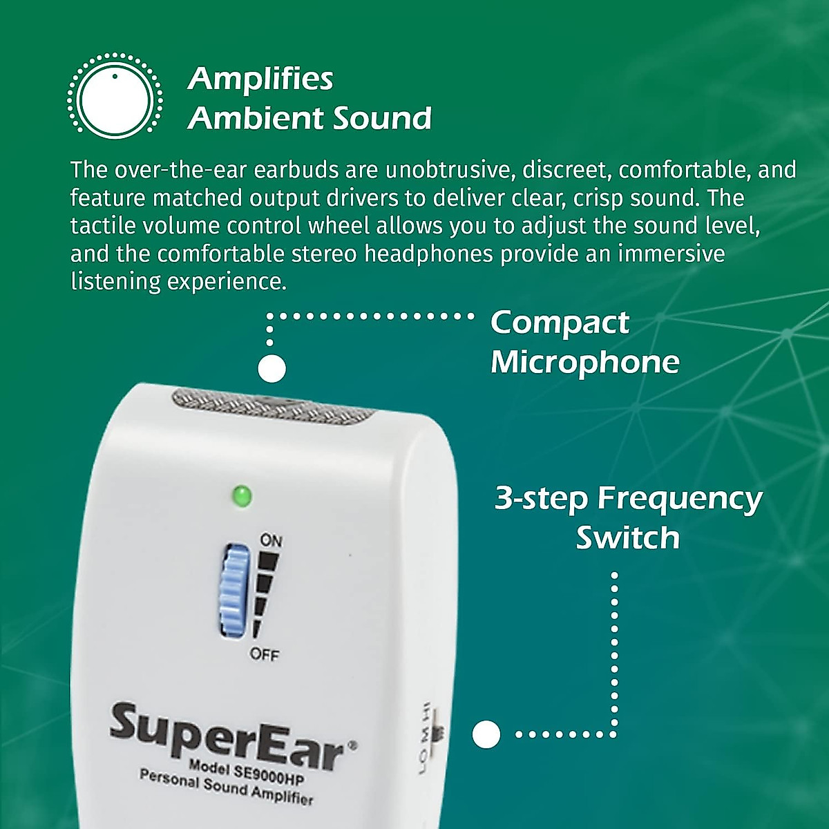 SuperEar Rechargeable Personal Sound Amplifier - 50dB Amplifier with Headphones, Earbuds and Tactile 3 Tone Frequency - Sound Amplifiers for Seniors, Adults and Audiologists - Model SE9000HP (PSAP)