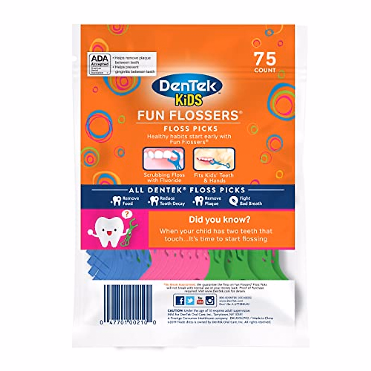 DenTek Kids Fun Flossers, Removes Food & Plaque, Wild Fruit Flavored Floss Picks, 75 Count, 6 Pack