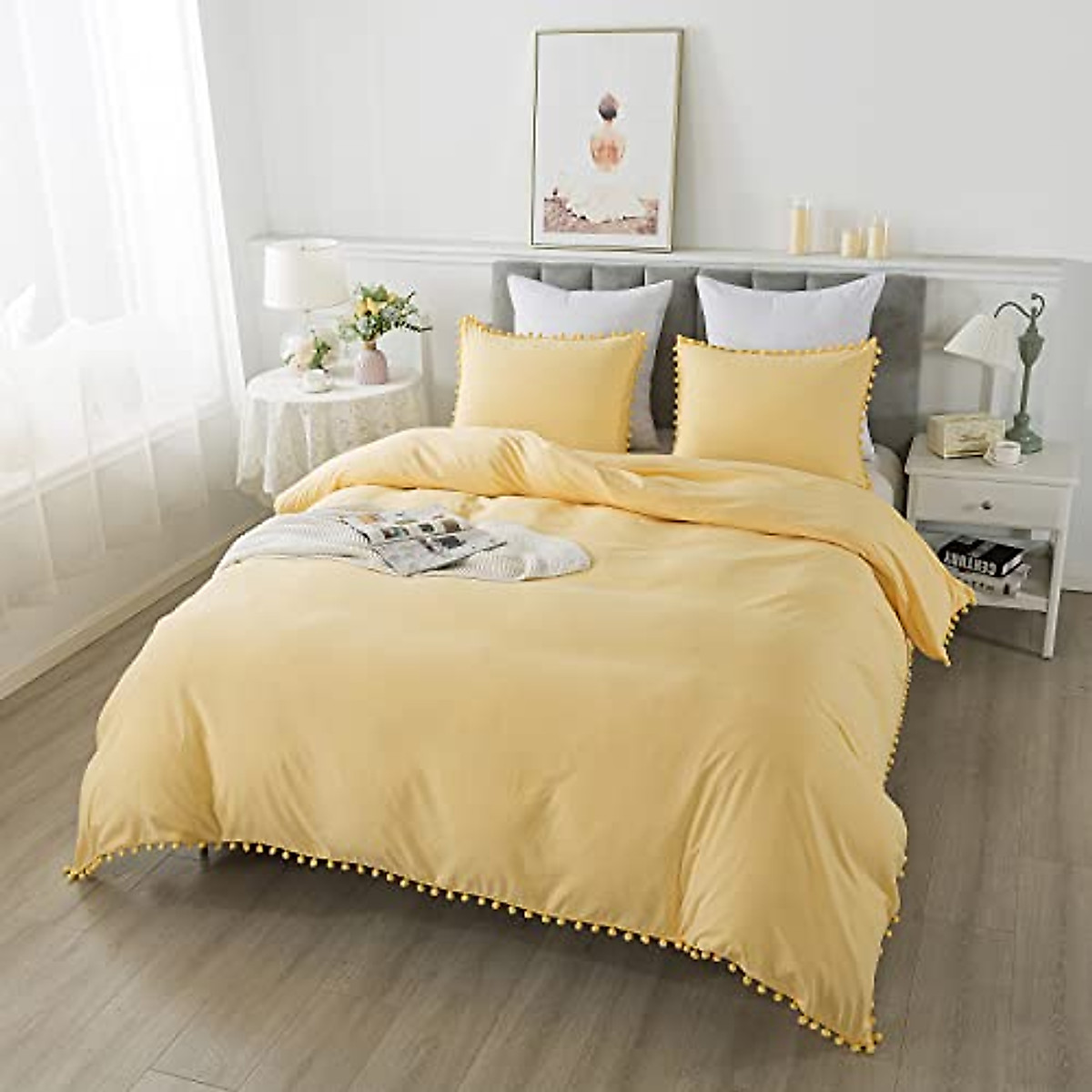 Caressma Pom Pom Fringe Boho Duvet Cover Set Queen Size, Soft Washed Microfiber 3pcs Bedding Duvet Cover, All Season Yellow Comforter Cover Set with Zipper Closure (1 Duvet Cover+2 Pillowcases)