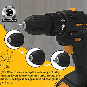INSPIRITECH 21V Cordless Drill with 2 Batteries and Charger,3/8-Inch Keyless Chuck Power Drill Set,2 Variable Speed Electric Drill Driver, 19 Torque Setting with Drill/Driver Bits