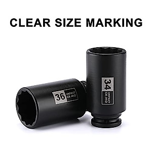 Mayouko 4PCS 1/2" Drive Deep Axle Nut Impact Socket Set, CR-MO, 12 Point Design, Metric, 30,32,34,36mm, 1/2 Inch Extra Deep Impact Socket