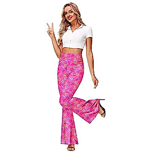 Flare Pants for Women 70s 80s Bar-bie Costume Bell Bottom Pink Disco Hippie Pants S