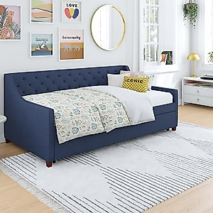 Novogratz Her Majesty Upholstered Daybed with Trundle, Twin Size Frame, Blue Linen