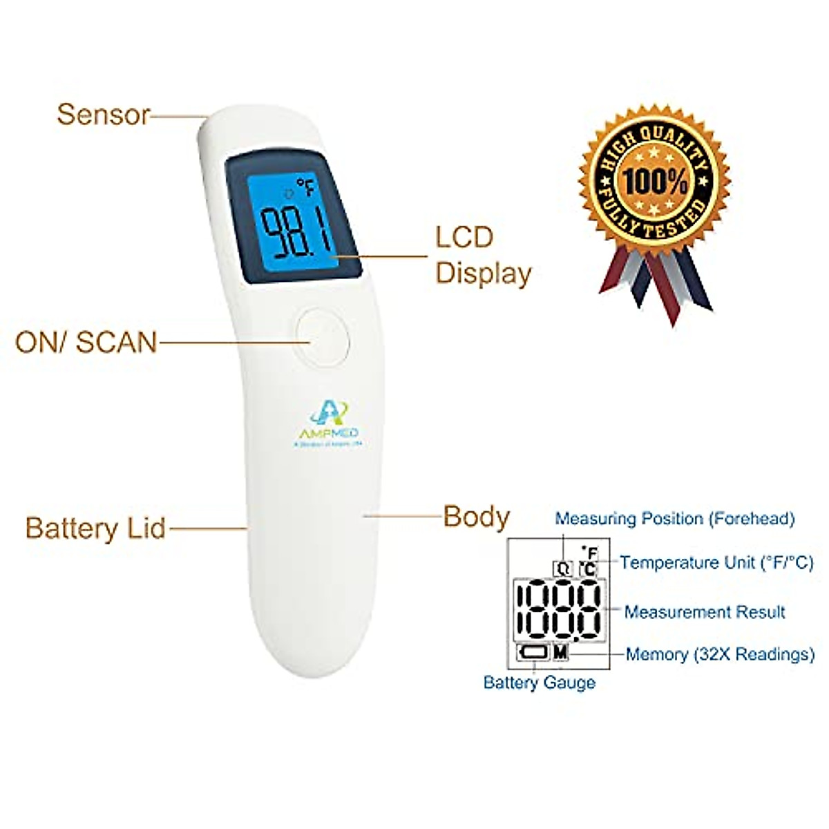 Amplim No Touch Forehead Thermometer - Non-Contact Digital Infrared Thermometer - Medical Grade, Hygienic, Accurate, Instant Read, Touchless Thermometer for Adults, Kids, and Baby - FSA HSA Eligible
