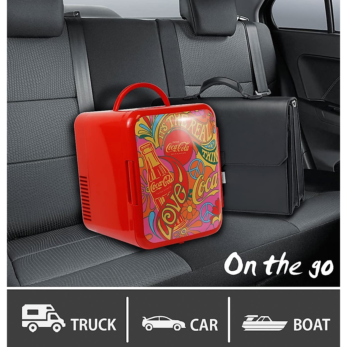 Coca-Cola Peace 1971 Series Portable 6 Can Thermoelectric Mini Fridge Cooler/Warmer, 4 L/4.2 Quarts Capacity, 12V DC/110V AC for home, dorm, car, beverages, skincare, cosmetics, medication