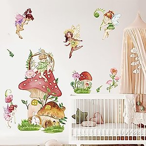 decalmile Forest Mushroom Fairy Wall Decals Elf Flower Grass Butterflies Wall Stickers Girls Bedroom Nursery Classroom Wall Decor