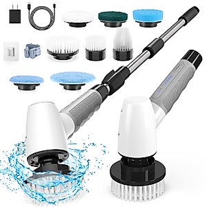 Bomves Electric Spin Scrubber, Cordless Cleaning Brush Tub Tile Scrubber for Home, 8 Replaceable Brush Heads, 90Mins Work Time 3 Adjustable Handle 2 Speeds for Bathroom Shower Bathtub Glass Car
