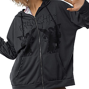 Sunwittafy Women's Aesthetic Graphic Print Hoodie Y2k Long Sleeve Zip Up Hoodies Oversized Hooded Sweatshirt Vintage Streetwear Black