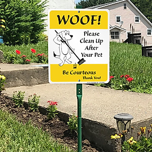 SmartSign 12" x 10" 'Woof Please Clean Up After Your Pet, Be Courteous, Thank You' Lawn Yard Sign with 3 ft Stake, 40 mil Laminated Aluminum, Yellow, Black and White, Set of 1, USA-Made