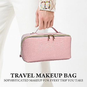 Sanshisi Travel Makeup Bag, Waterproof Leather Portable Cosmetic Travel Bag for Women Large Capacity Cosmetic Organizer Pouch with Compartments and Handle, Pink