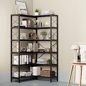 Jartoil Corner Bookshelves and Bookcases Industrial Corner Etagere Bookcase L Shaped Shelf 6 Tiers with Metal Frame for Living Room Home Office