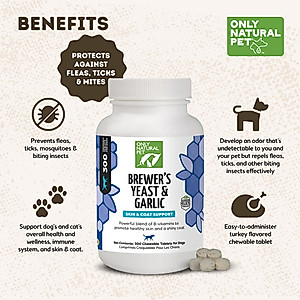 Only Natural Pet Brewer's Yeast & Garlic Chewables - All-Natural Flea & Tick Prevention for Dogs - Fortified with B Vitamins - Promotes Healthy Skin & Coat - 300 Count Tablet (2 Pack)