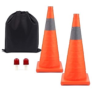 BATTIFE [2 Pack] 28 Inch Collapsible Traffic Safety Cones, Orange Cones, Multi Purpose Pop-up Cones with Reflective Collar, for Road Parking, Driving Practice