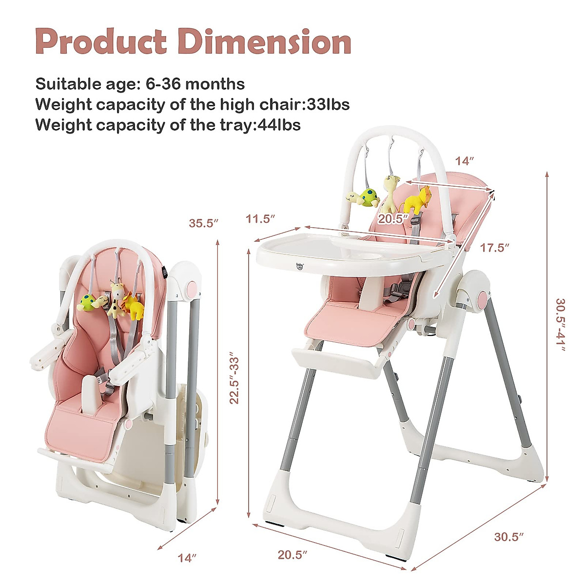 BABY JOY Baby High Chair, Foldable Highchair w/Toy Bar, 7 Heights, 4 Reclining Angles, Adjustable Footrest, Removable Double Tray, PU Cushion & Lockable Wheels for Babies Toddlers, 6-36 Months (Pink)
