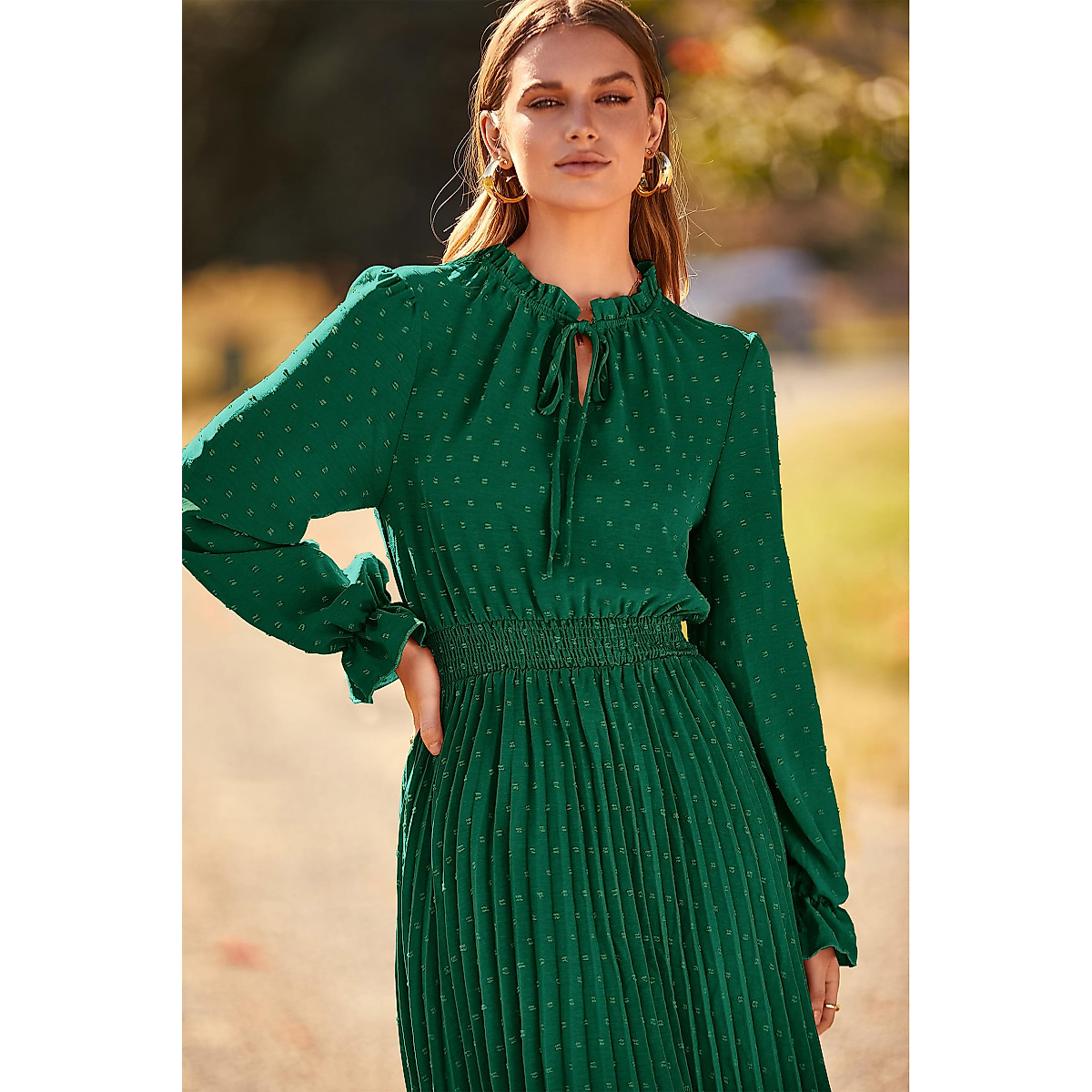 PRETTYGARDEN Women's 2025 Spring Fall Midi Dress Casual Long Sleeve V Neck Swiss Dot Pleated A Line Flowy Dresses (Dark Green,Medium)