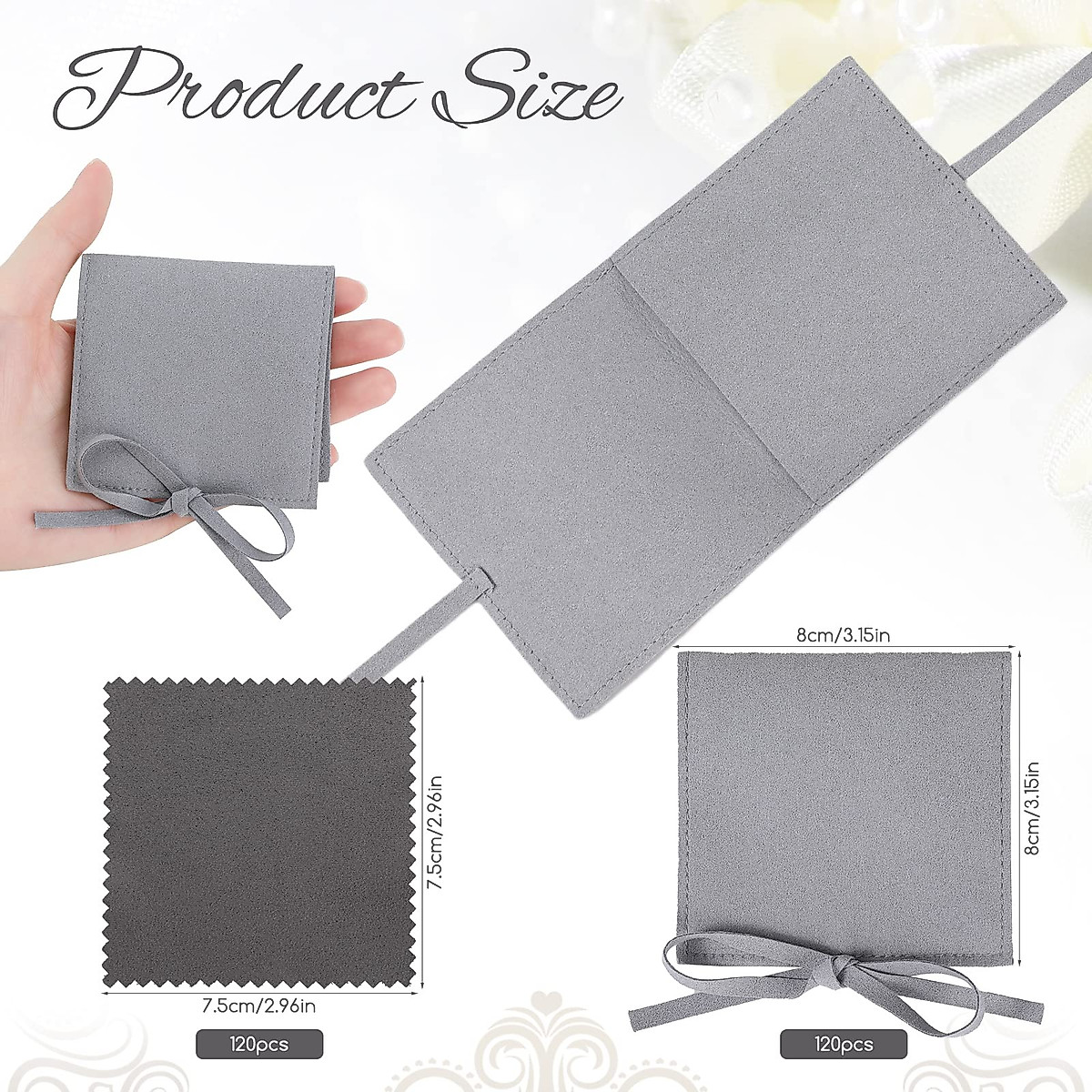 120 Pcs Microfiber Jewelry Pouch 8 x 8cm Jewelry Packaging Bag Gift Bow Tie Bracelet with Cleaning Cloth(Gray)