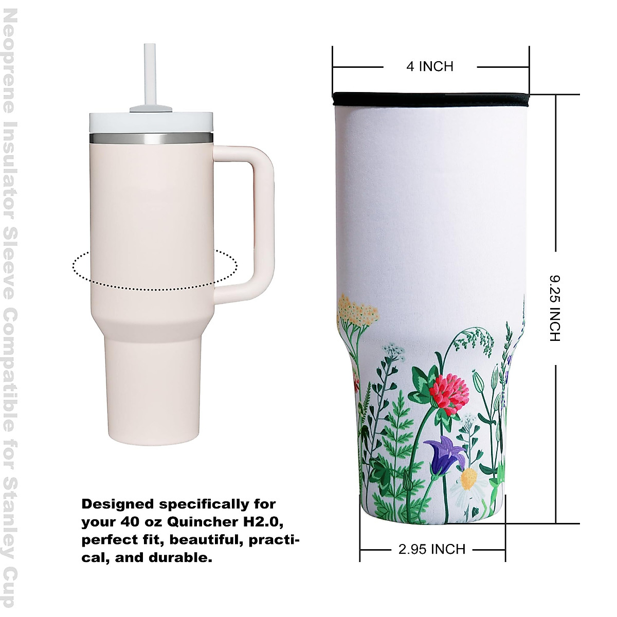Neoprene Insulator Sleeve Compatible for Stanley 40 oz Tumbler with Handle, Stanley Quencher H2.0 FlowState,British Garden