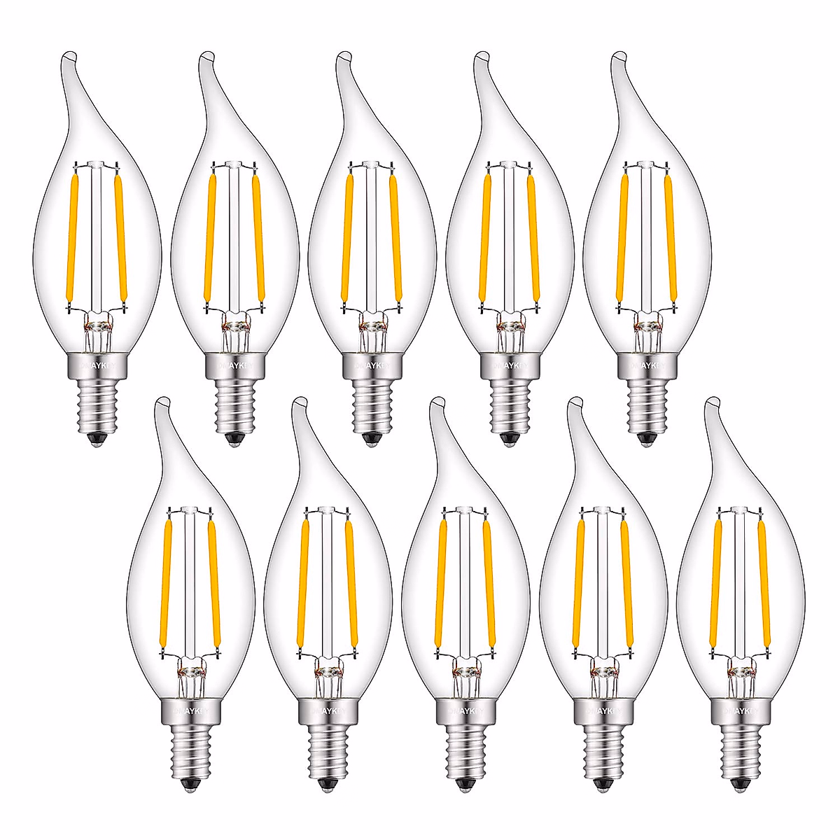 OMAYKEY 2W LED Candelabra Bulb 25W Equivalent 3000K Soft White 250LM, E12 Base LED Chandelier Light Bulbs, Vintage Edison Clear Glass CA11 Candle Flame Tip, Non-dimmable, Pack of 10