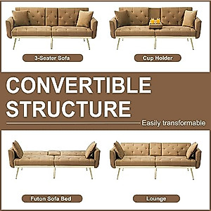 FREESNOOZE 72.4'' Convertible Velvet Sleeper Sofa Bed Loveseat Futon Couch w/2 Cupholders, Metal Legs, 2 Pillows for Home, Office, Guest Room, Apartment-Brown
