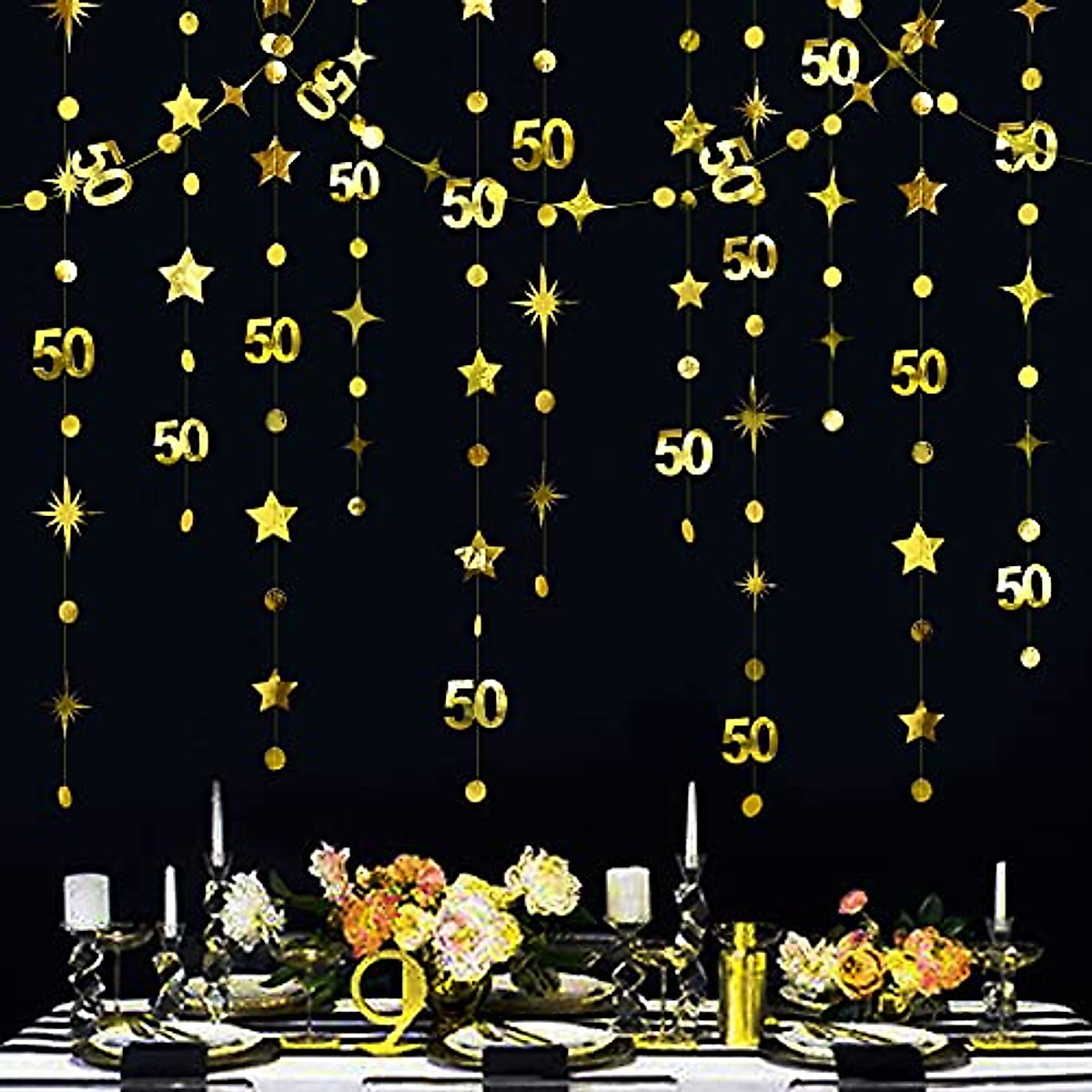 Gold 50th Birthday Decorations Number 50 Circle Dot Twinkle Star Garland Metallic Hanging Streamer Bunting Banner Backdrop for 50 Year Old Birthday Happy 50th Anniversary Fiftieth Party Supplies