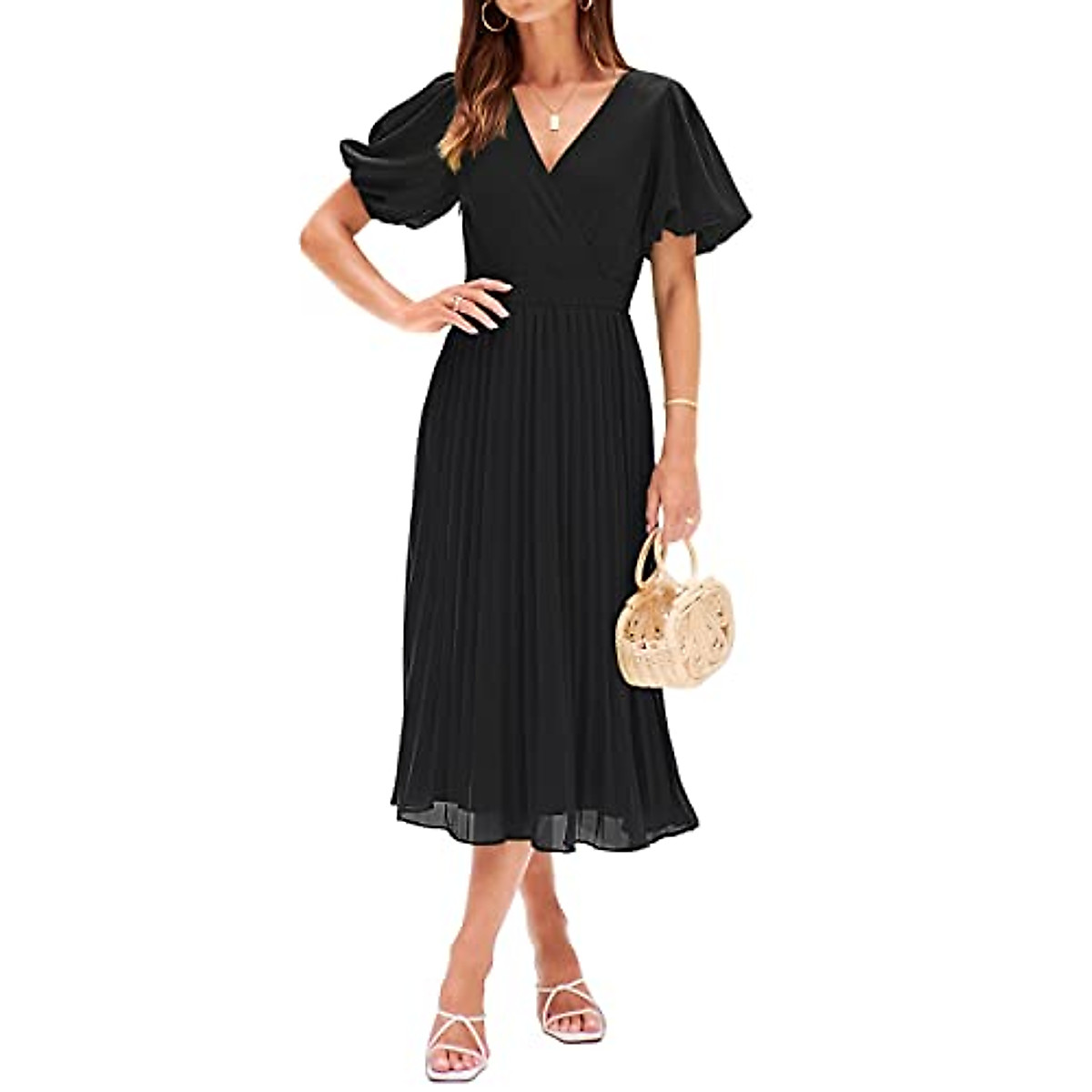 MEROKEETY Womens 2023 Summer Puff Sleeve Wrap V Neck Pleated Flowy Midi Dress for Wedding Guest,Black,M