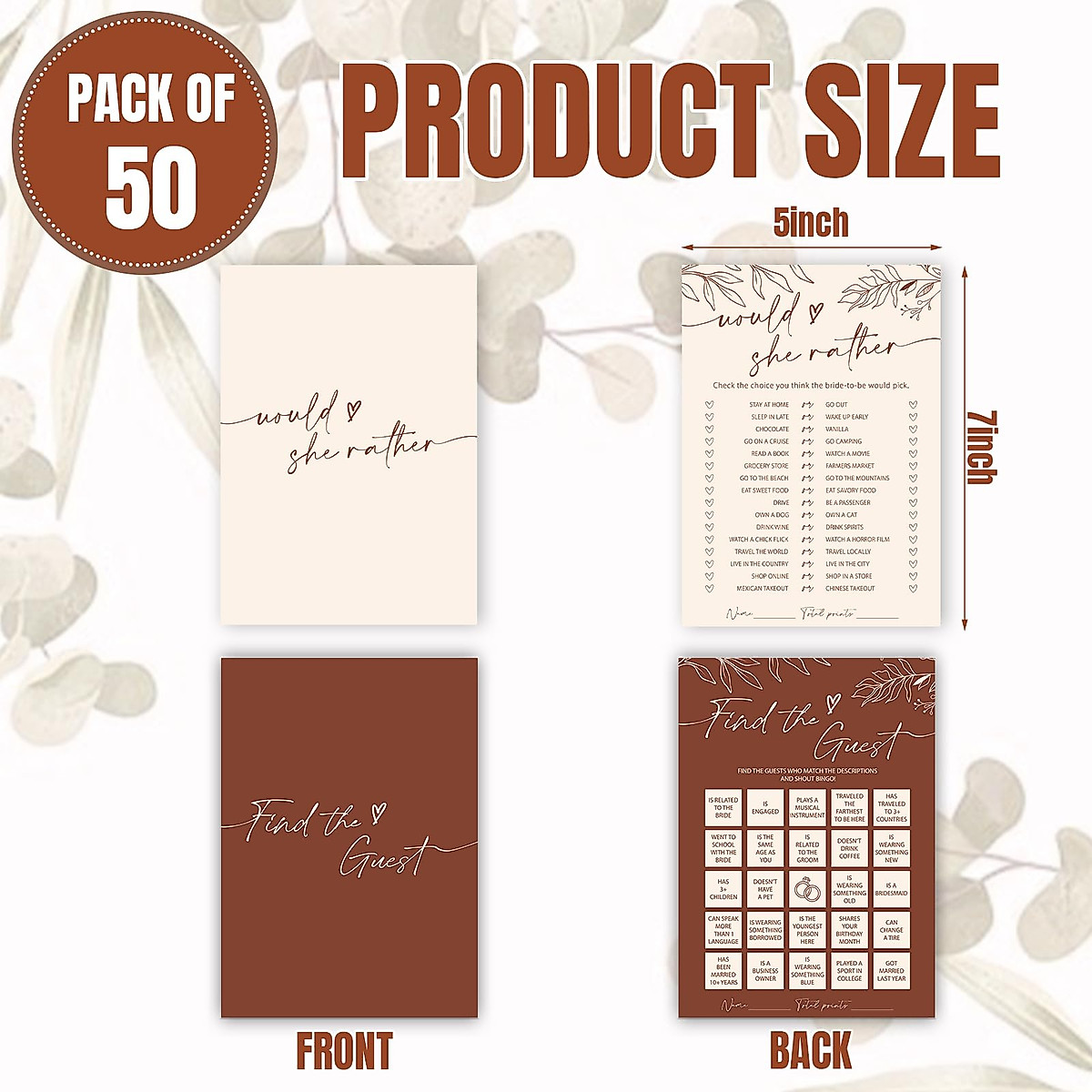 JarThenaAMCS 50 Sheets Boho Bridal Shower Game Cards Double Sided Party Game Activity Cards for Would She Rather & Find The Guest Wedding Bridal Shower Bachelorette Party Games Supplies