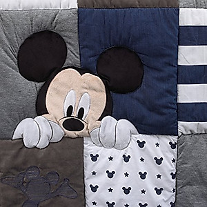 Disney Mickey Mouse 4 Piece Hello World Denim/Star/Icon Nursery Crib Bedding Set, Navy, Grey, White